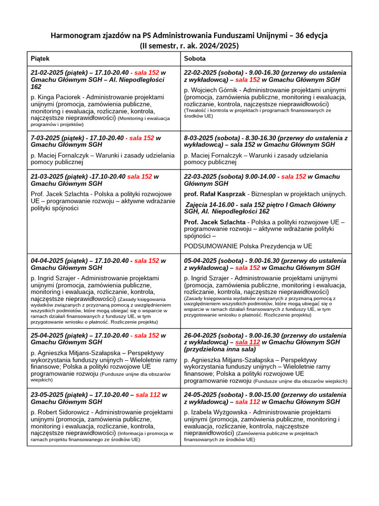Harmonogram Zjazdów Na PS AFU CZ II Semestr 2024 - 2025 | PDF