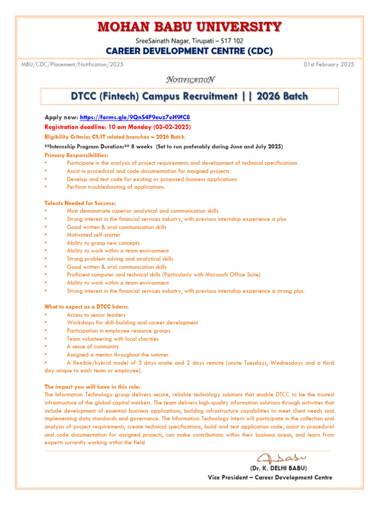 DTCC Fintech Internship 2026 Recruitment | PDF | Computing