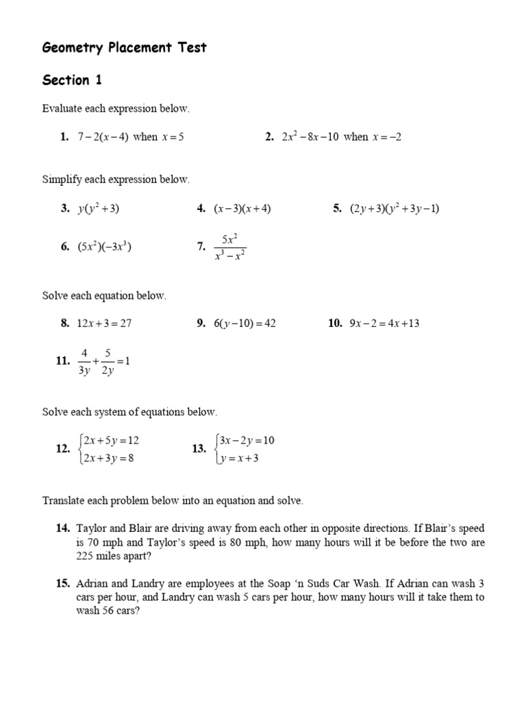 Geometry Placement Test Questions | PDF | Triangle | Elementary Mathematics