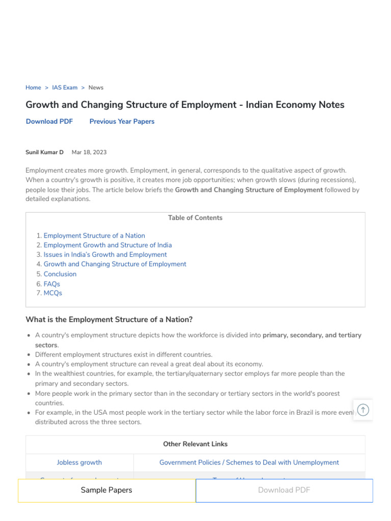 Growth and Changing Structure of Employment - Indian Economy Notes ...