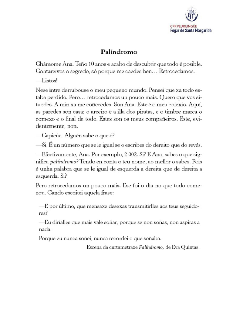 Lecturas Comprensivas- Palindromo. | PDF
