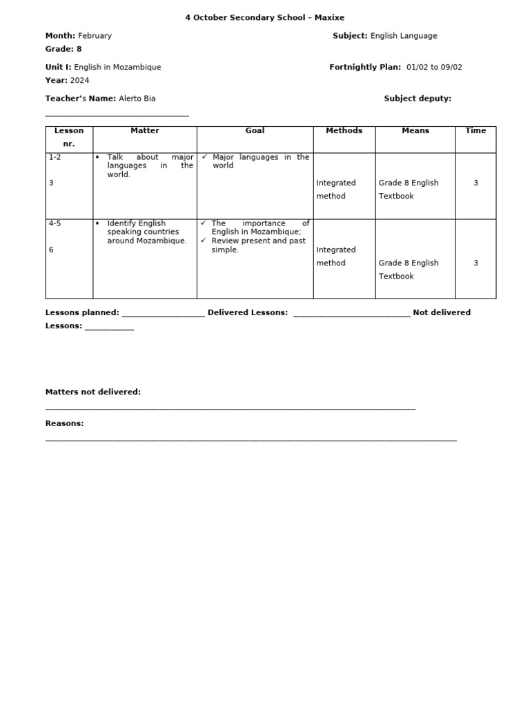 Fortnightly Plan I - English Grade 8 - 104459 | PDF