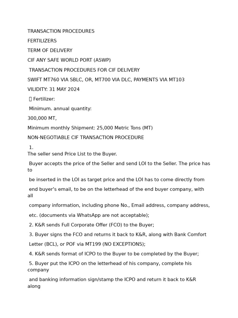 CIF Fertilizer Transaction Procedures | PDF | Letter Of Credit | Receipt
