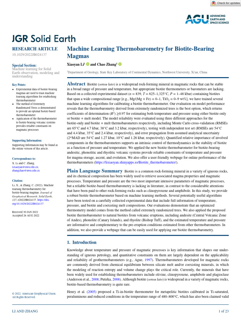 JGR Solid Earth - 2022 - Li - Machine Learning Thermobarometry For Biotite Bearing Magmas | PDF ...