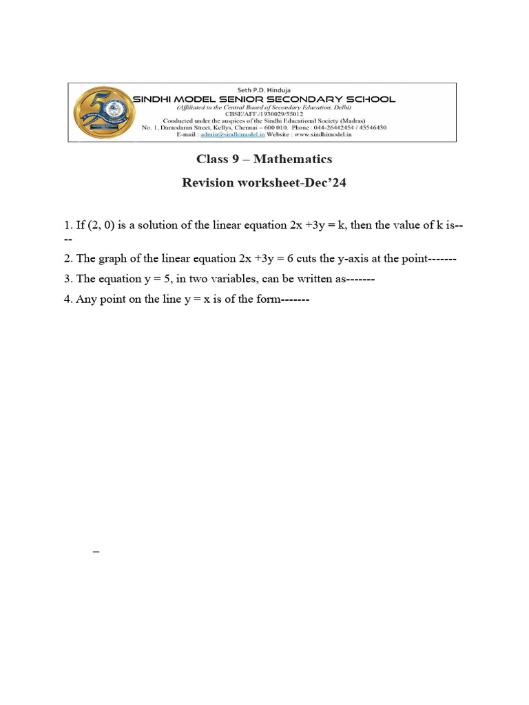 Class 9 Math Revision Worksheet | PDF
