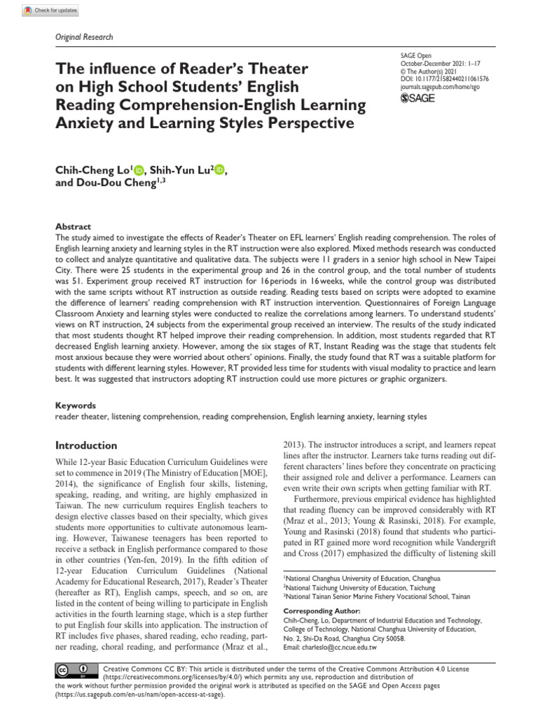 Lo Et Al 2021 The Influence of Reader S Theater On High School Students ...