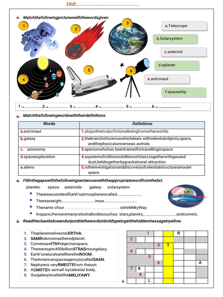 Space Vocabulary Matching Exercise | PDF | Astronomy | Planets