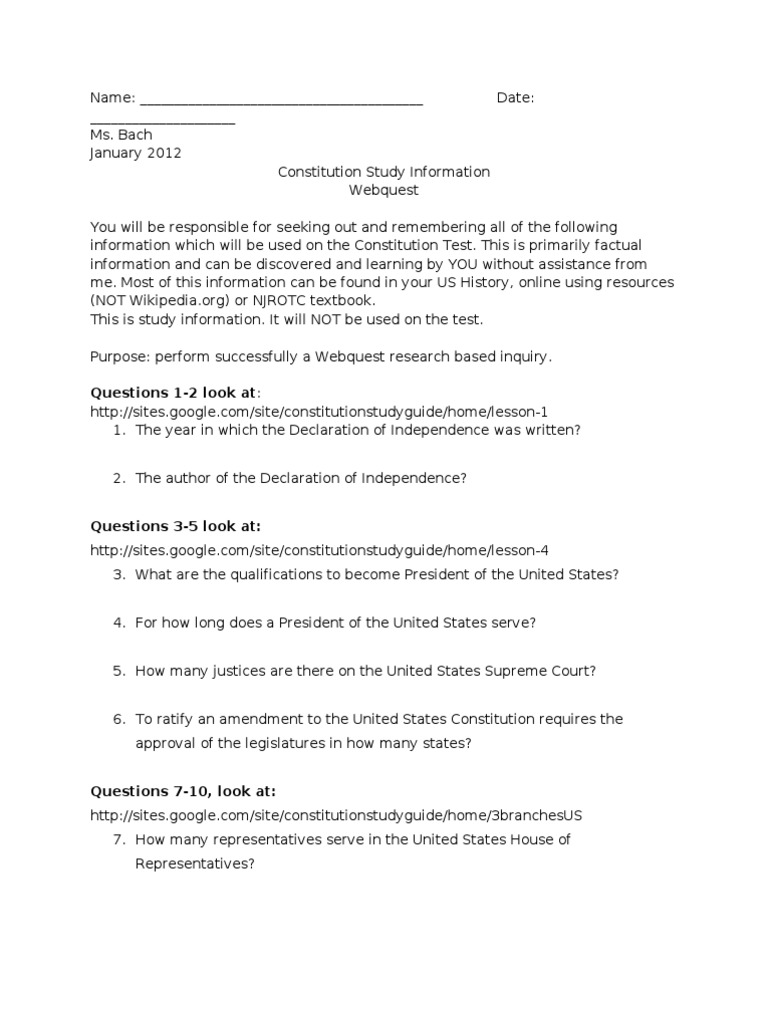 Constitution Study Guide Student Webquest | PDF | United States ...