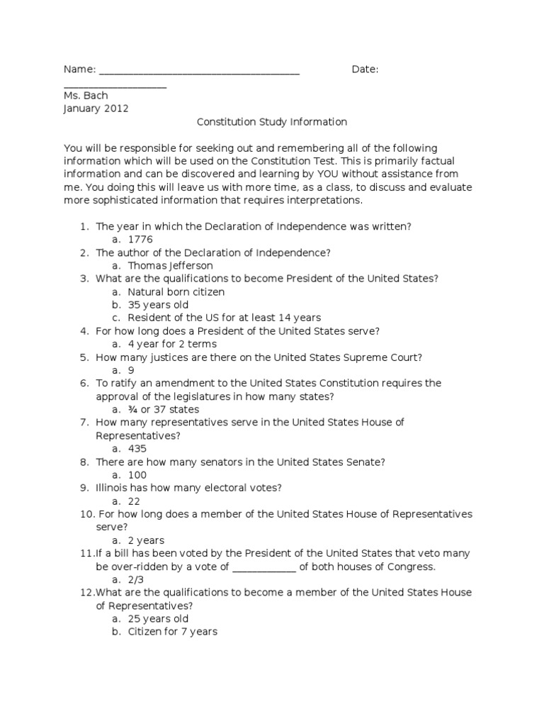 Constitution Study Guide Answer KEy | PDF | Presidents Of The United ...