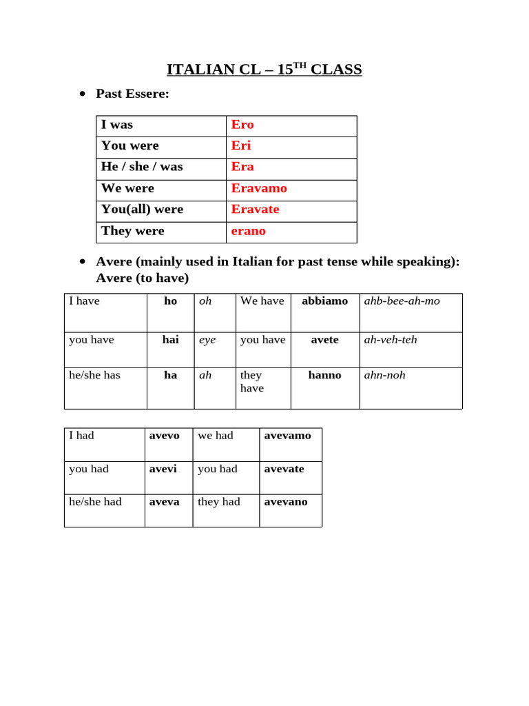 Italian CL 15th Class | PDF | Perfect (Grammar) | Verb
