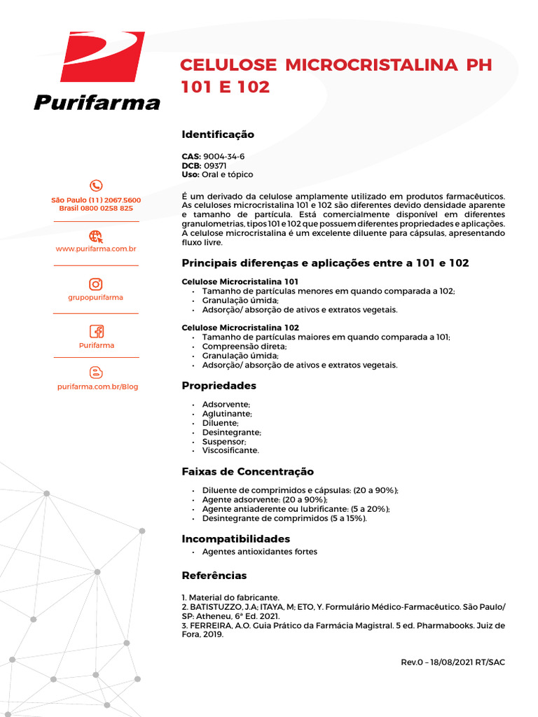 Celulose Microcristalina 101 e 102: Propriedades | PDF