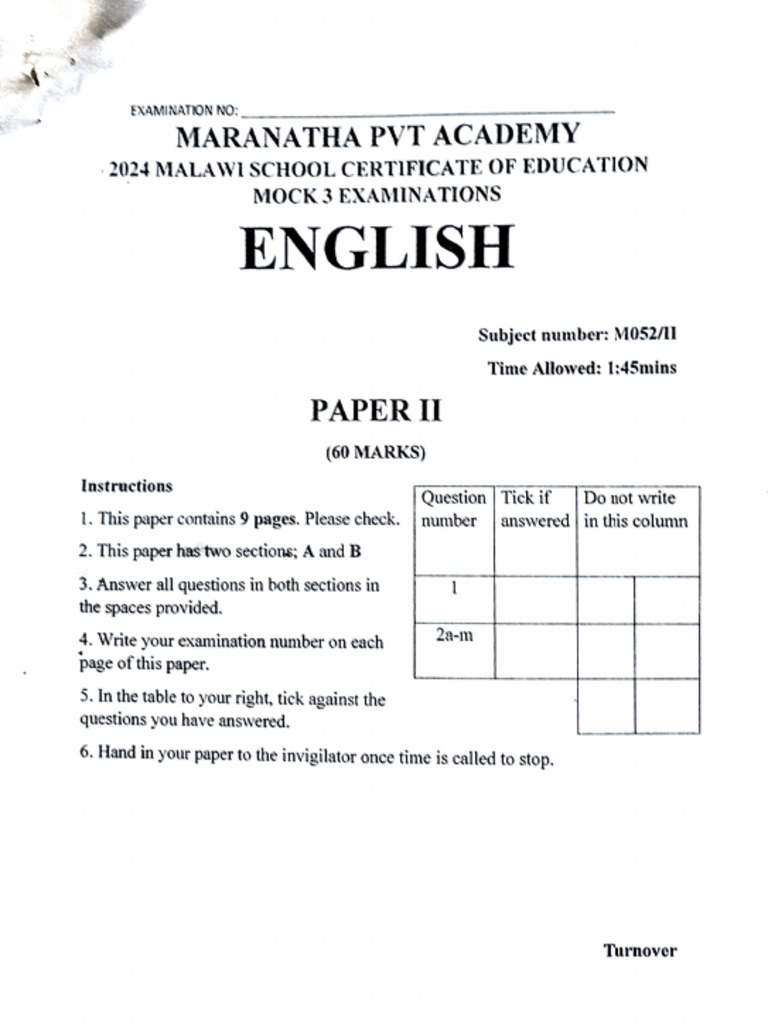 Maranatha Academy Mock 3 English Paper II | PDF