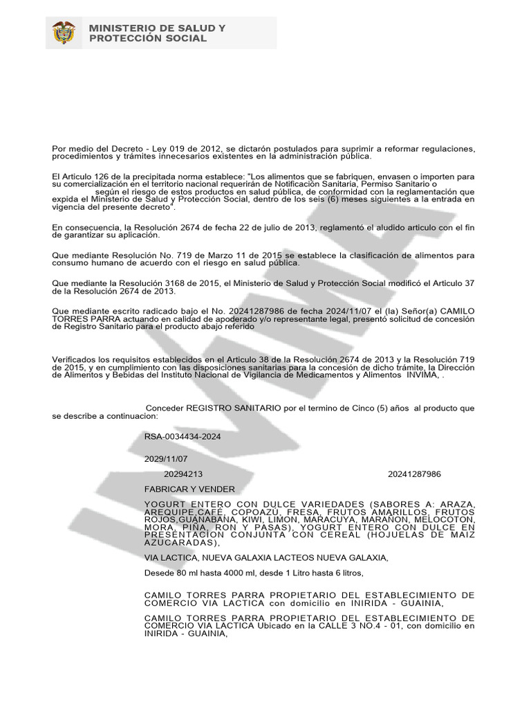 Registro Sanitario Invima Lacteos | PDF