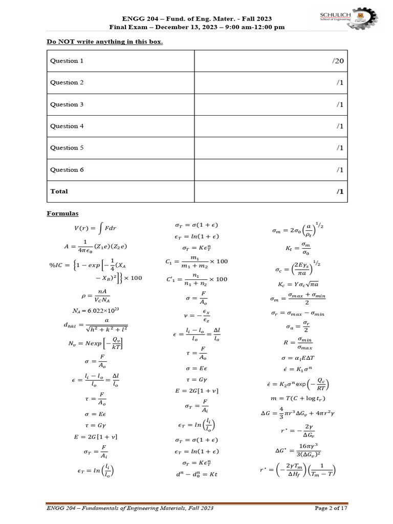 ENGG204 Final Exam Equation Sheet | PDF | Chemistry | Physical Chemistry