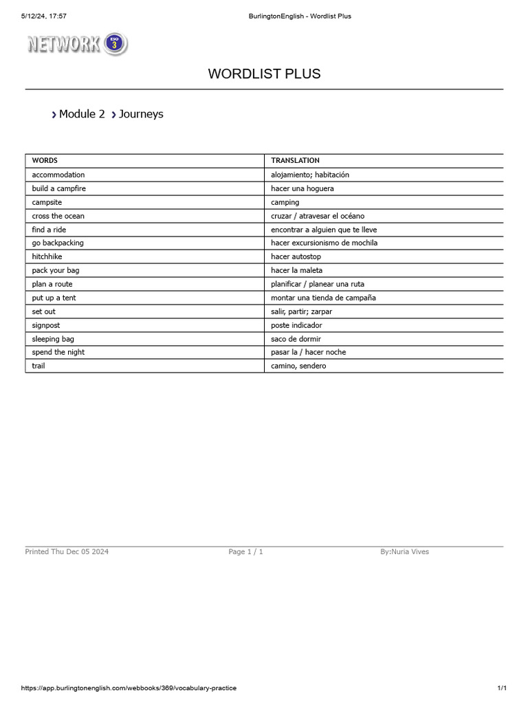 Vocabulary Unit 2 Network 3 | PDF