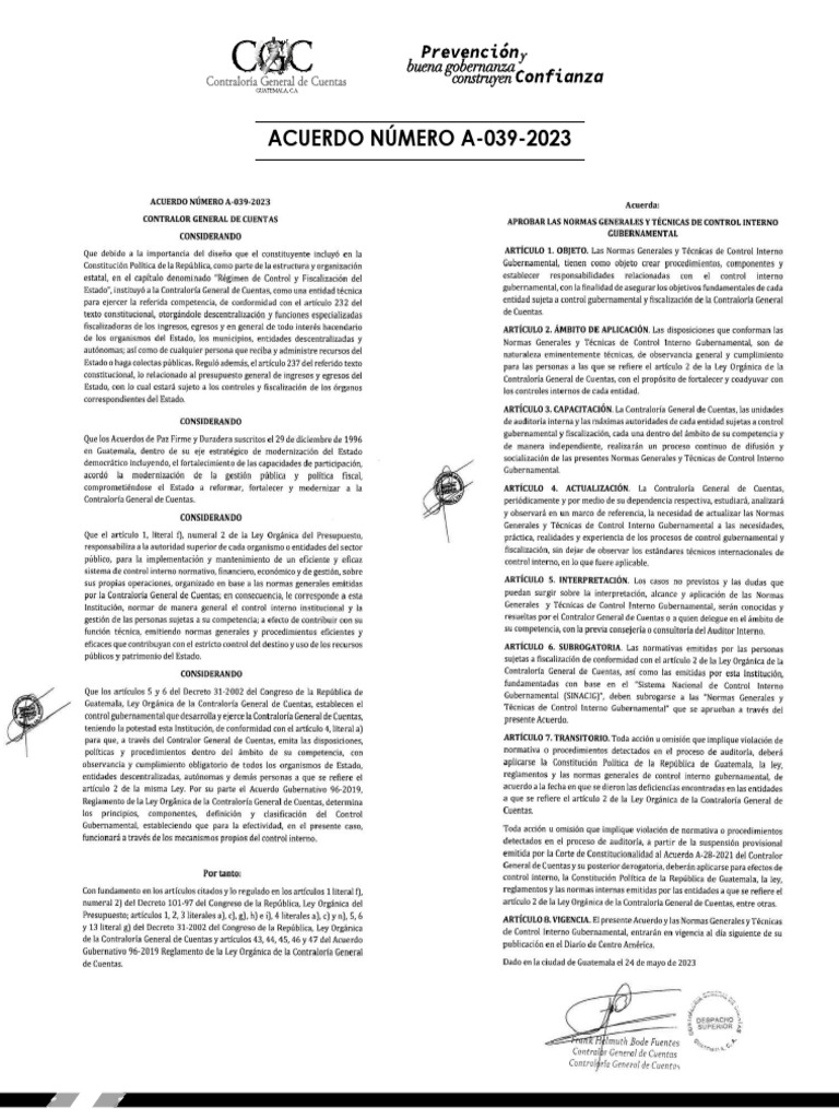 Acuerdo Numero A 039 2023 Normas Generales y Tecnicas de Control ...