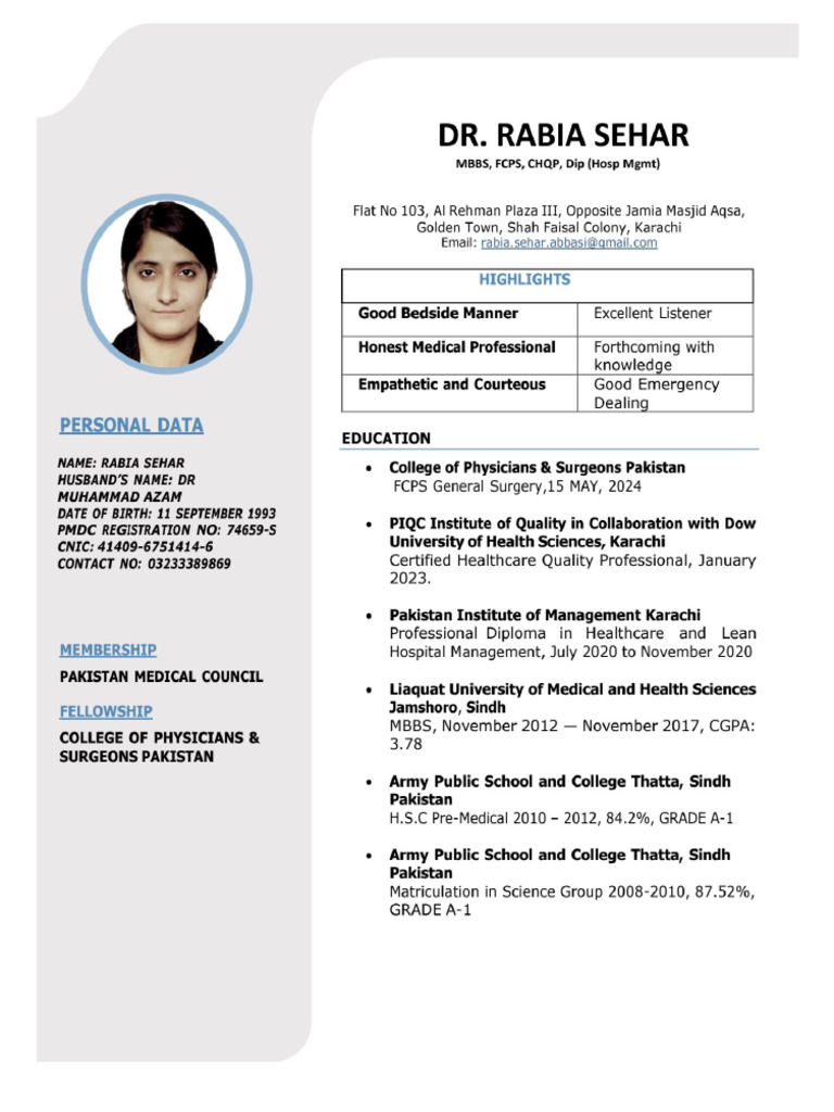 DR RABIA SEHAR CV Latest. | PDF