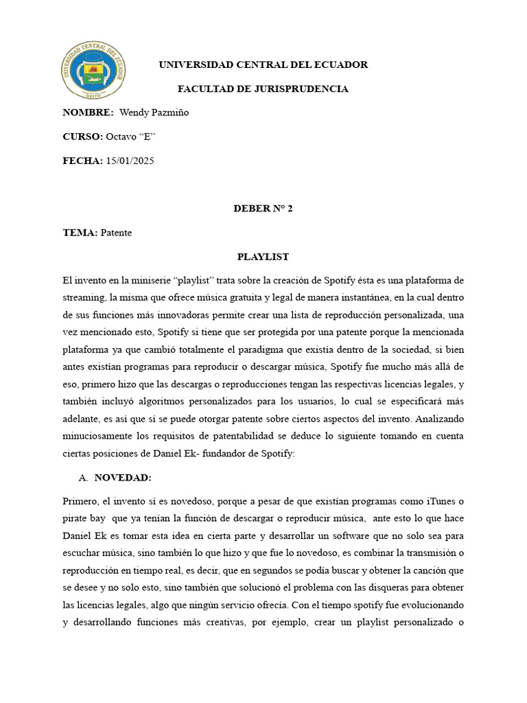 Deber N°2 - Patente | PDF | Spotify | Patentar