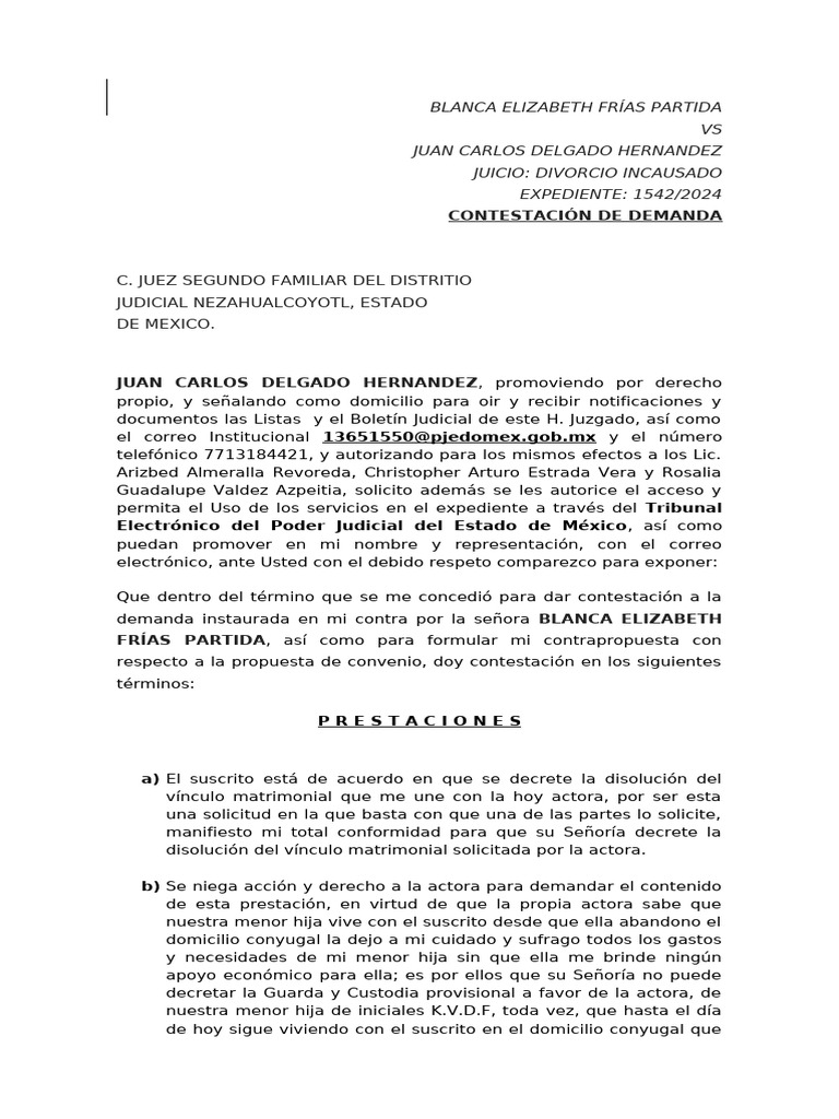 BLANCA ELIZABETH FRÍAS PARTIDA Contestacion | PDF | Divorcio | Pensión ...