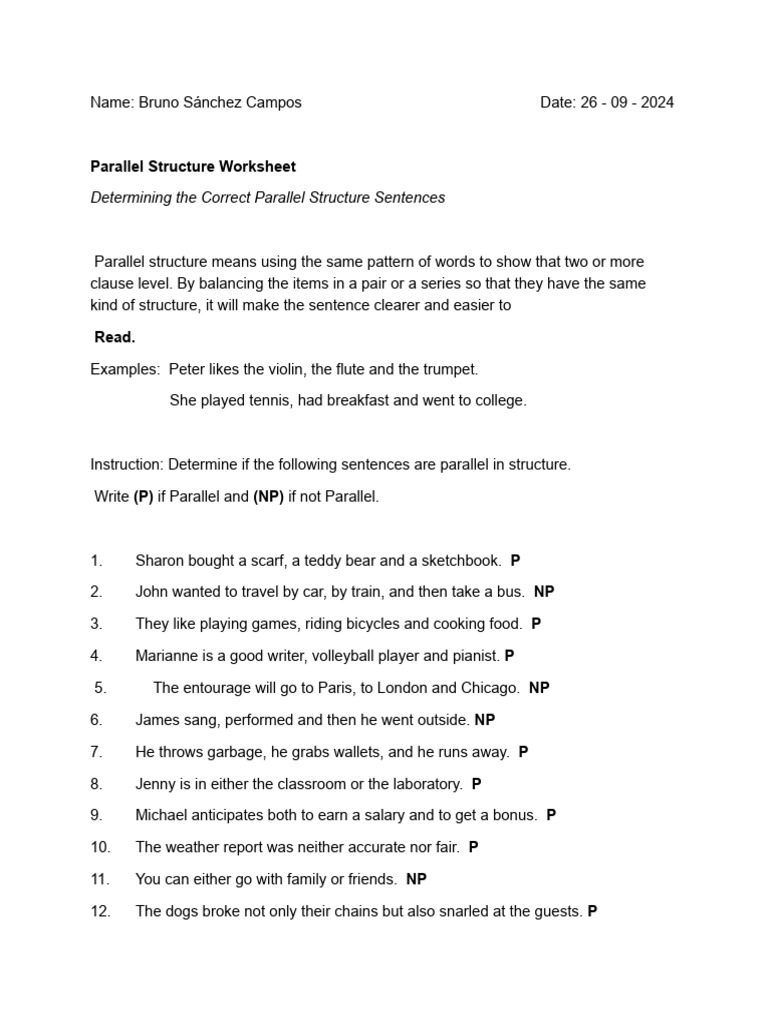 Parallel Structure Worksheet Guide | PDF