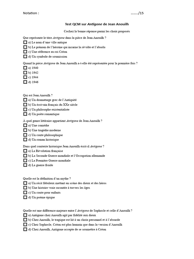 Test QCM sur Antigone de Jean Anouilh | PDF