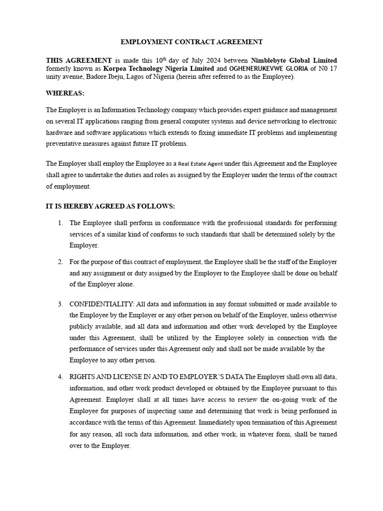 Employment Contract Oghenerukevwe Gloria | PDF | Employment | Damages