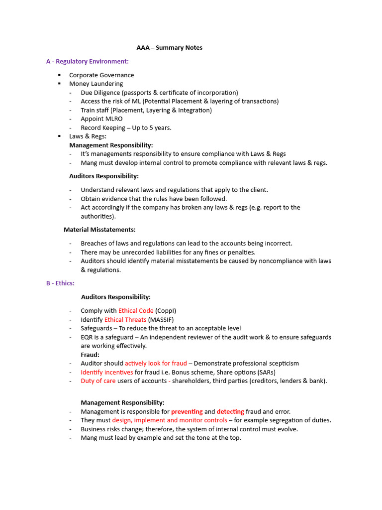 AAA - Summary Notes | PDF | Auditor's Report | Audit