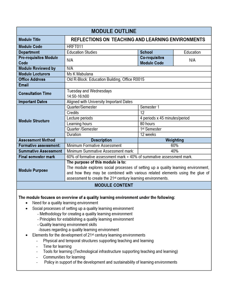 Module Outline Hrft011 | PDF | Educational Assessment | Learning