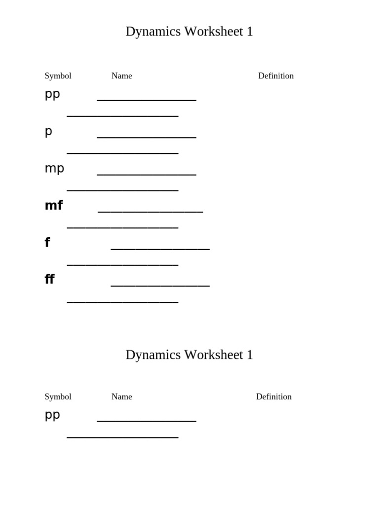 Dynamics Symbols and Definitions Worksheet | PDF
