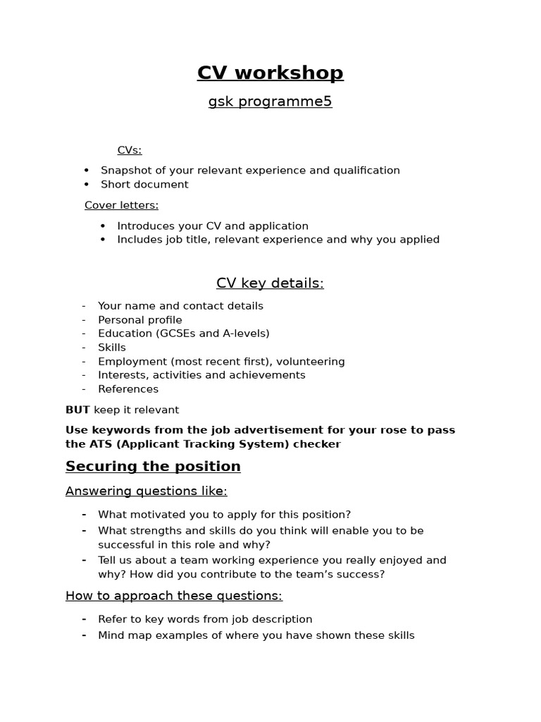 CV Workshop (GSK Programme5) | PDF | Health Care | General Practitioner