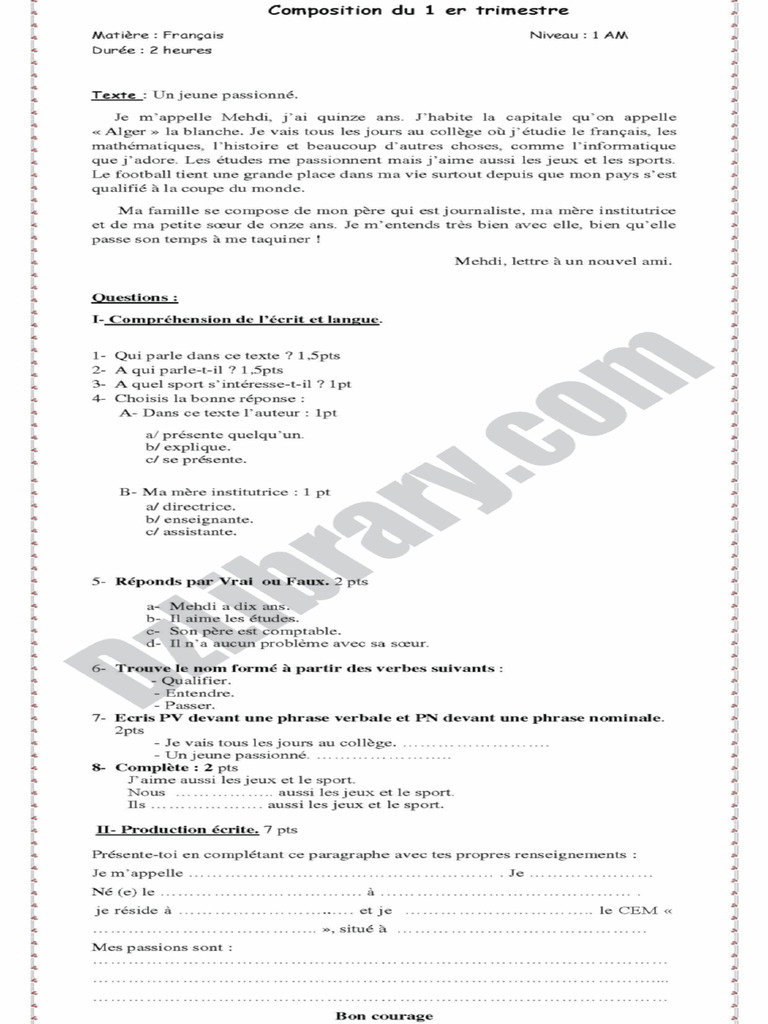 Dzexams 1am Francais 442567 | PDF