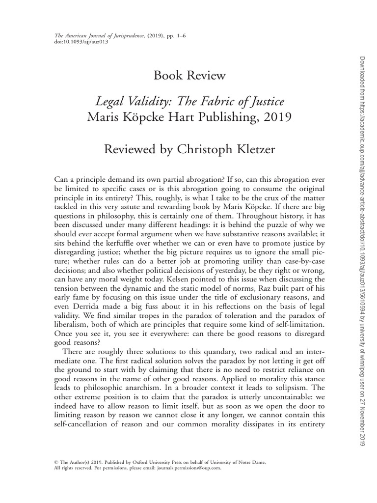 Chirstoph Kletzer - Legal Validity - The Fabric of Justice (Book Review) | PDF | Reason