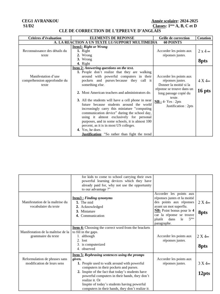 Clé de Correction 1ères | PDF | Linguistics