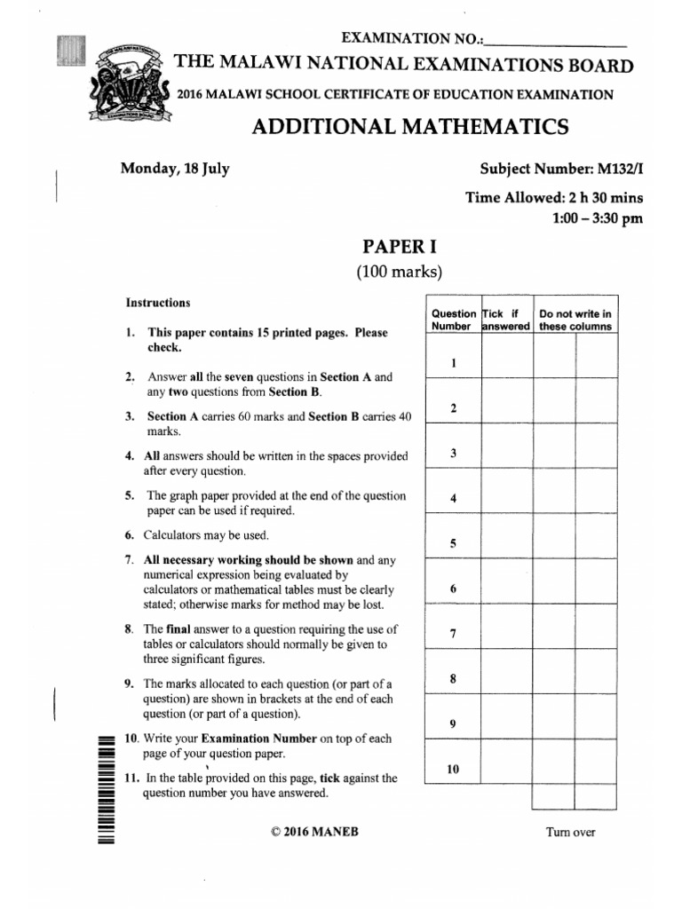Msce Add Maths (I) B 2016 | PDF