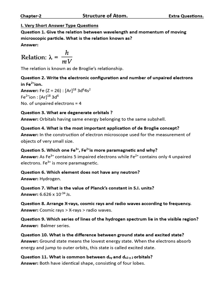 Extra Questions on Atomic Structure | PDF | Atoms | Atomic Orbital
