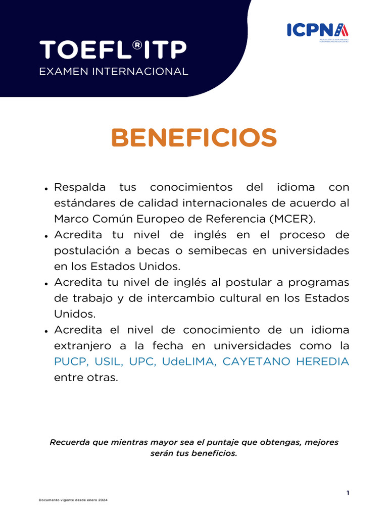 Beneficiospuntajes TOEFL ® ITP 2024 | PDF | Verbo | Léxico