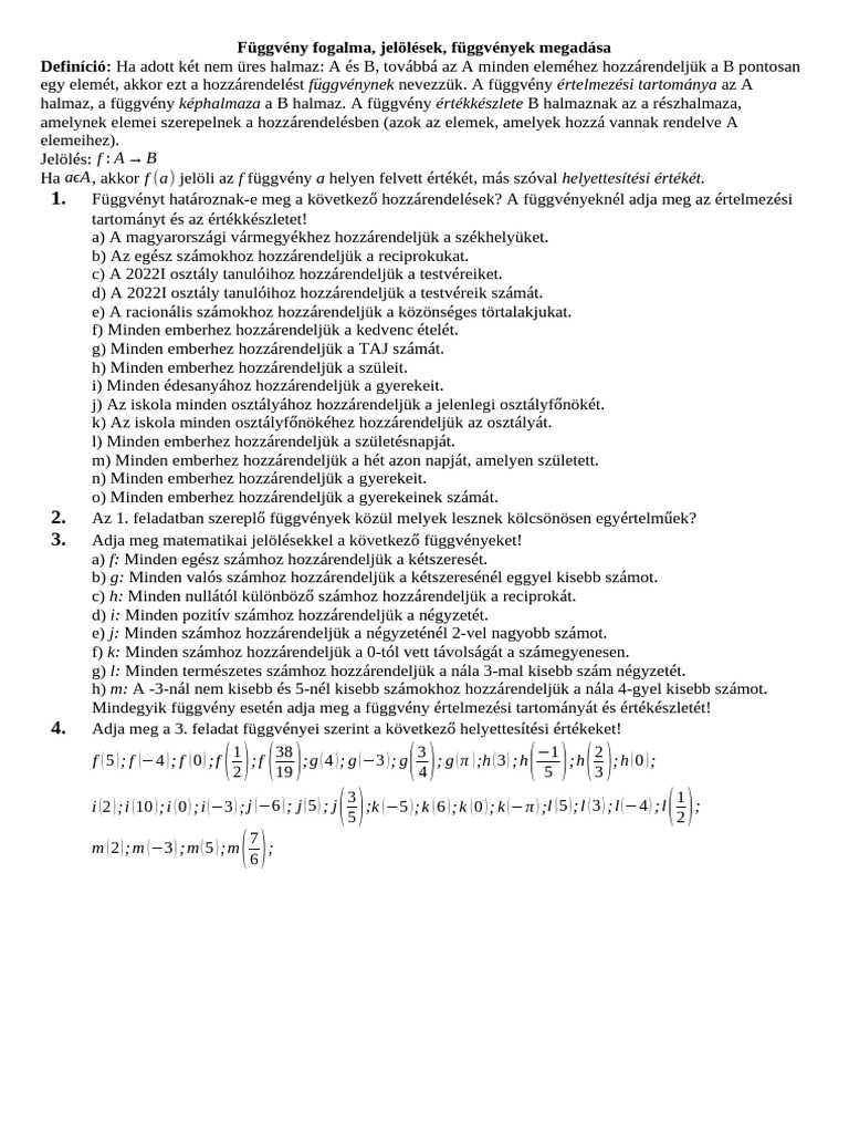 Függvény Fogalma Feladatok | PDF