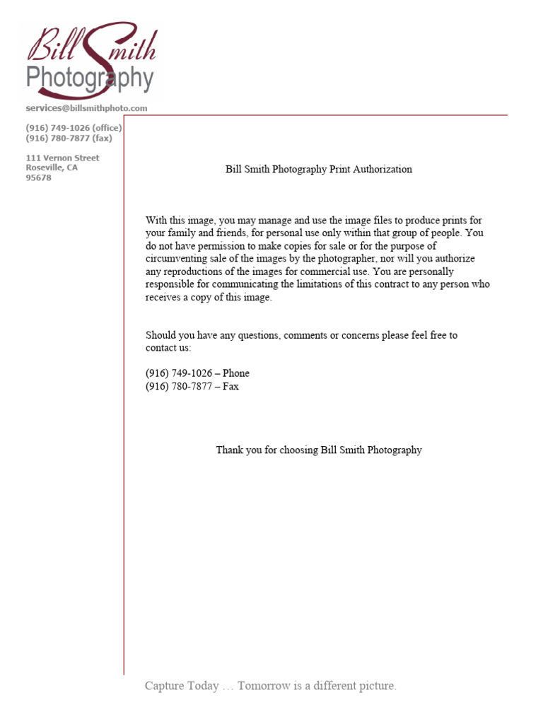 Bill Smith Photography Print Authorization | PDF