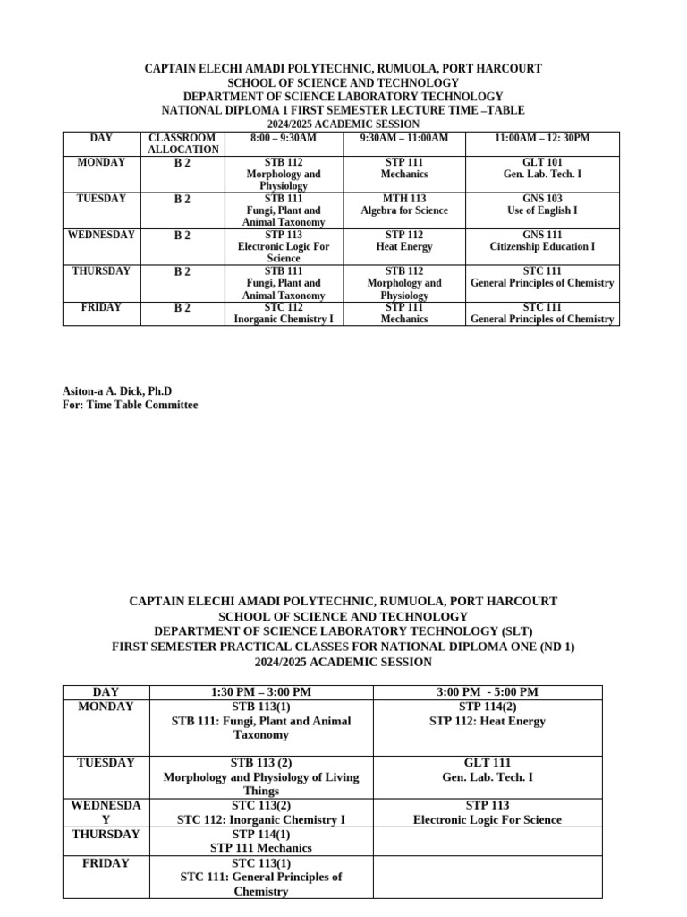 Slt Lecture Timetable | PDF | Chemistry | Biology
