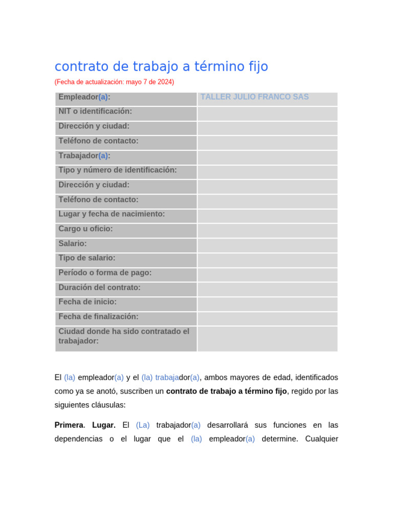 Contrato de Trabajo a Término Fijo | PDF | Salario | Derecho laboral
