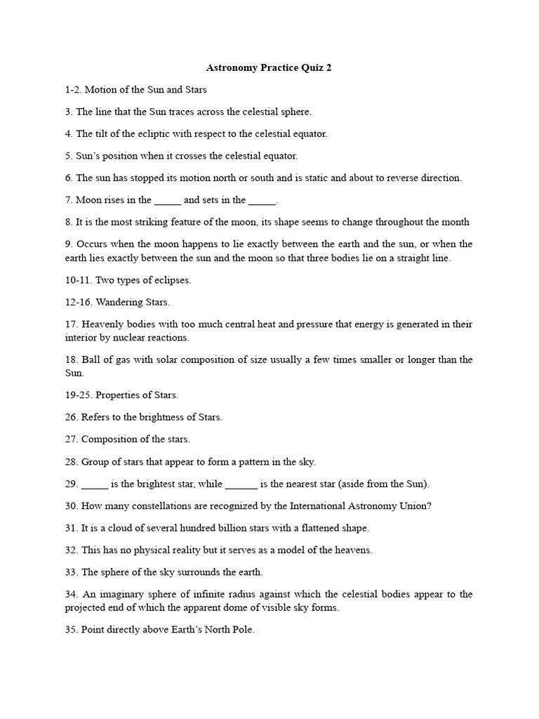 Astronomy Practice Quiz 2 | PDF | Stars | Sun