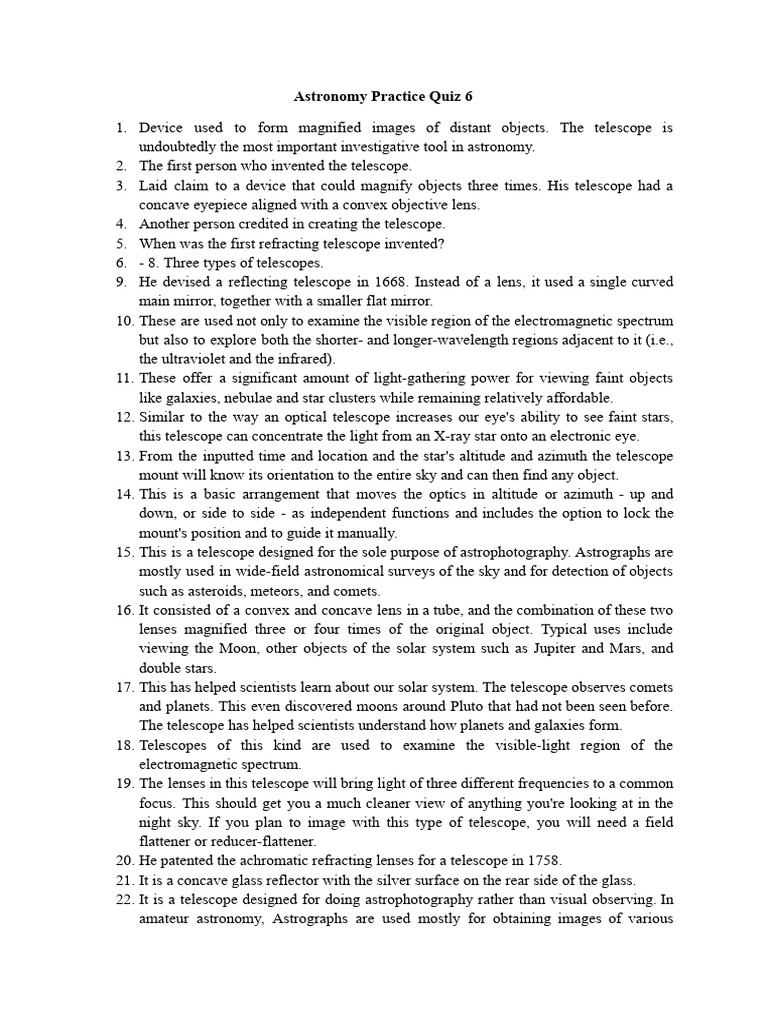 Astronomy Quiz on Telescopes and Devices | PDF | Telescope | Astronomy