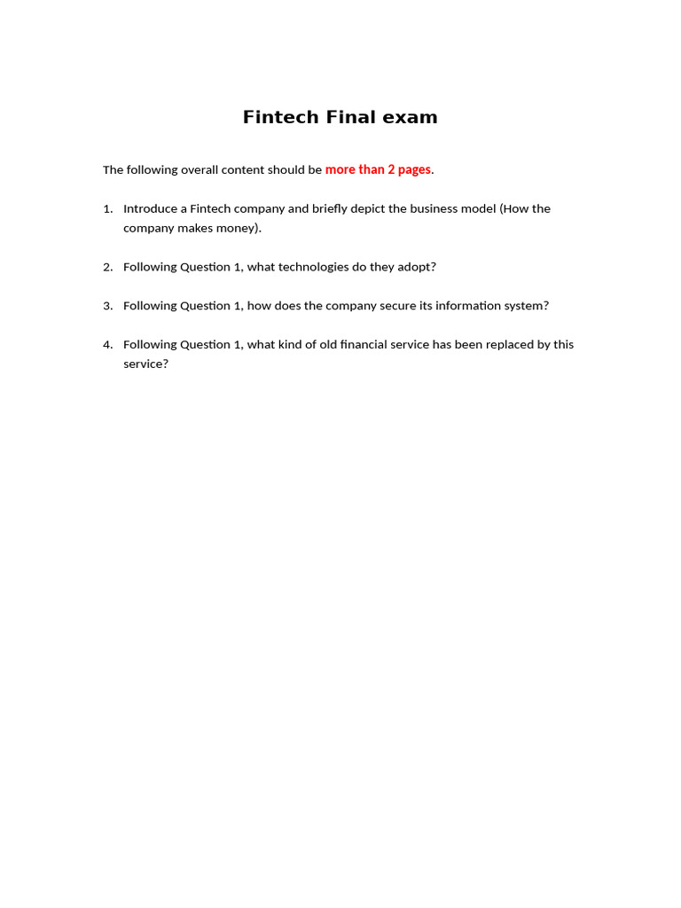 Fintech Final Exam Overview | PDF