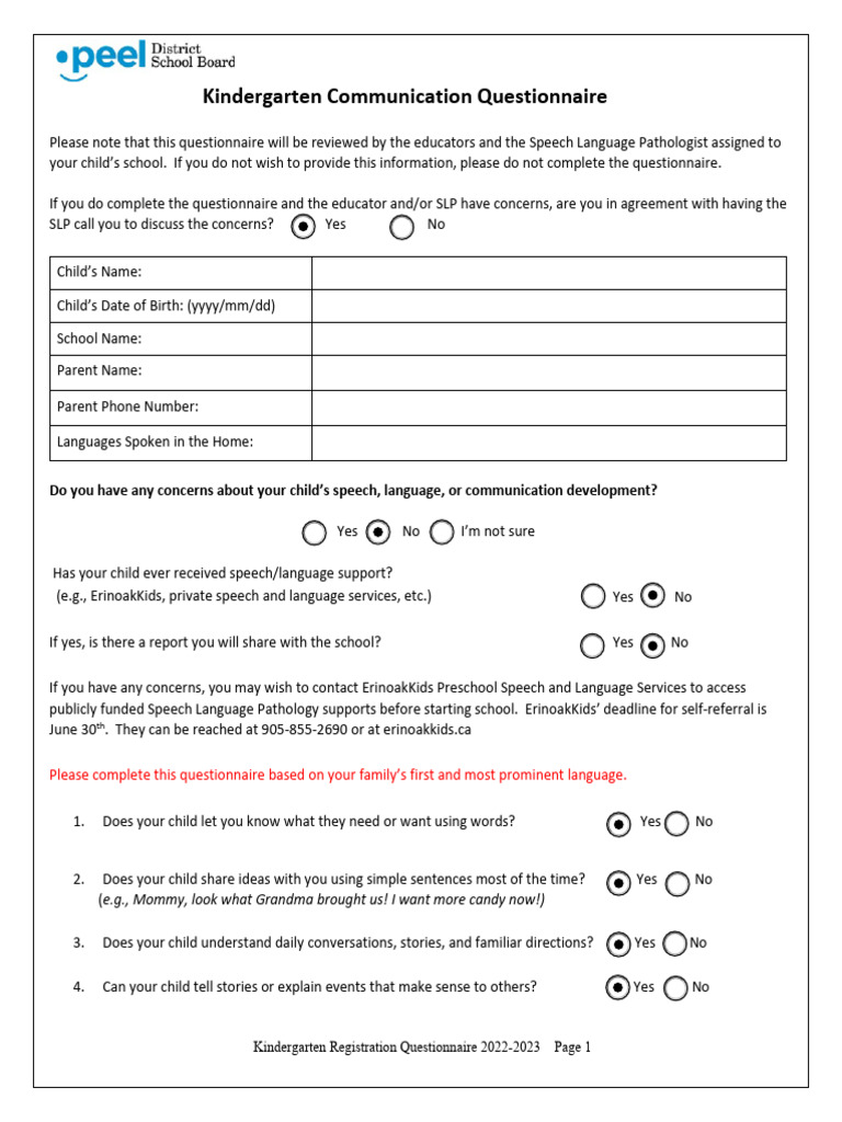 Kindergarten Questionnaire 22-23 | PDF | Speech | Linguistics