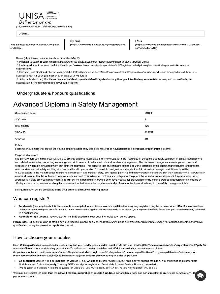 UNISA Advanced Diploma in Safety Management (NQF 7) | PDF