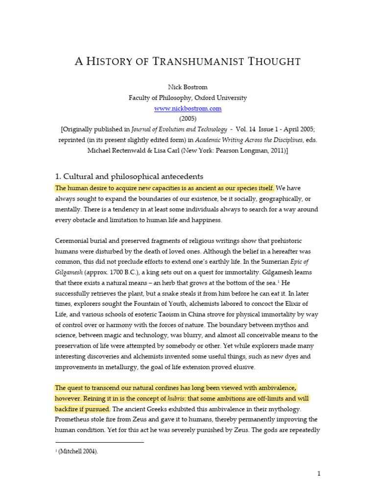 Bostrom's Overview of Transhumanism | PDF | Transhumanism | Technological Singularity