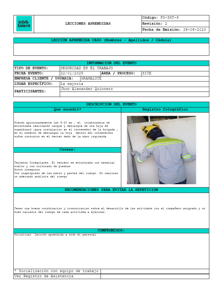 Fo-Sst-9 Lecciones Aprendidas Jhon Quintero | PDF