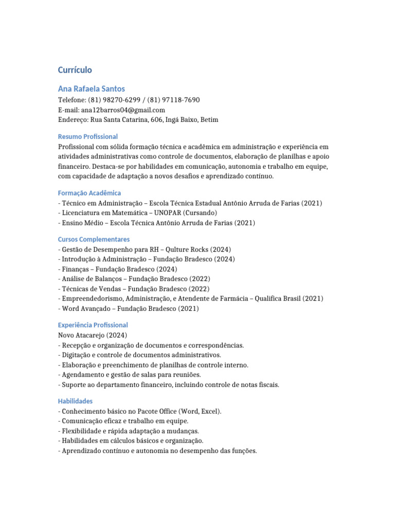 Curriculo Ana Rafaela Santos | PDF