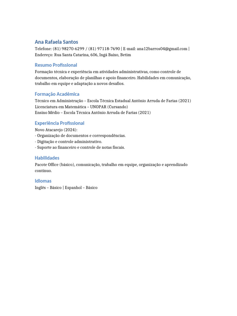Curriculo Minimalista Ana Rafaela Santos | PDF