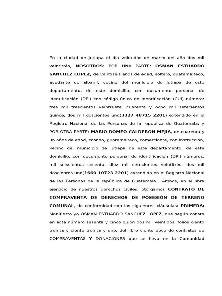 Compraventa Terreno Comunal - Osman Sanchez y Mario Calderon | PDF